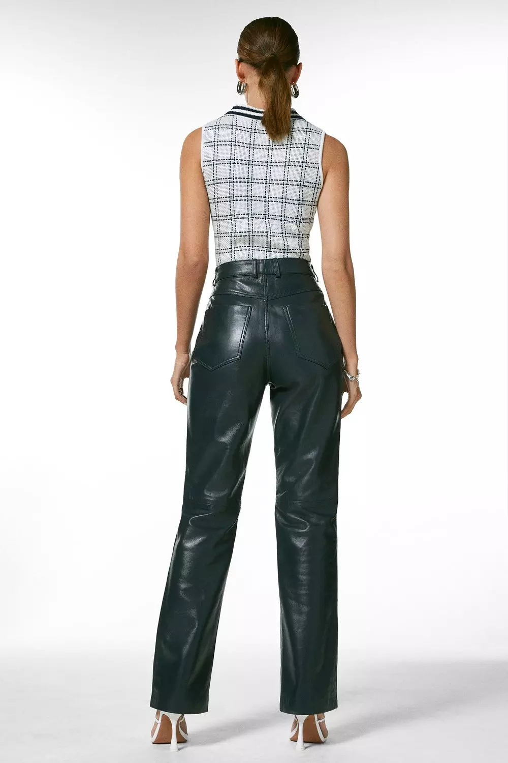 Navy leather jeans store