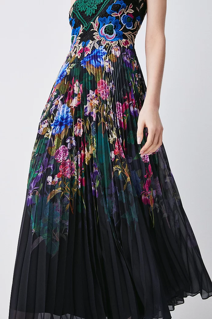Metallic Guipure Lace Placed Floral Pleat Midi Dress | Karen Metallic Guipure Lace Placed Floral Pleat Midi Dress | Karen