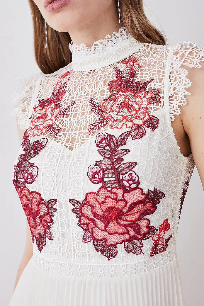 Tall Rose Guipure Lace Woven Pleat Skirt Midi Dress | Karen Tall Rose Guipure Lace Woven Pleat Skirt Midi Dress | Karen