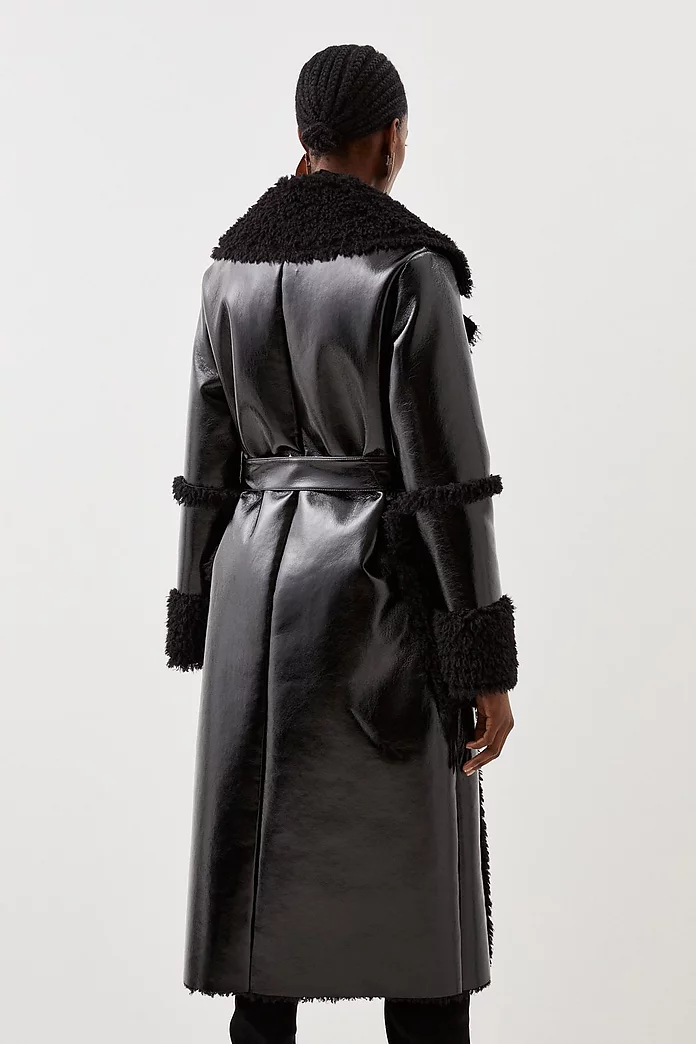 Contrast Cuff And Collar Vinyl Belted Long Coat | Karen Millen Contrast Cuff And Collar Vinyl Belted Long Coat | Karen Millen