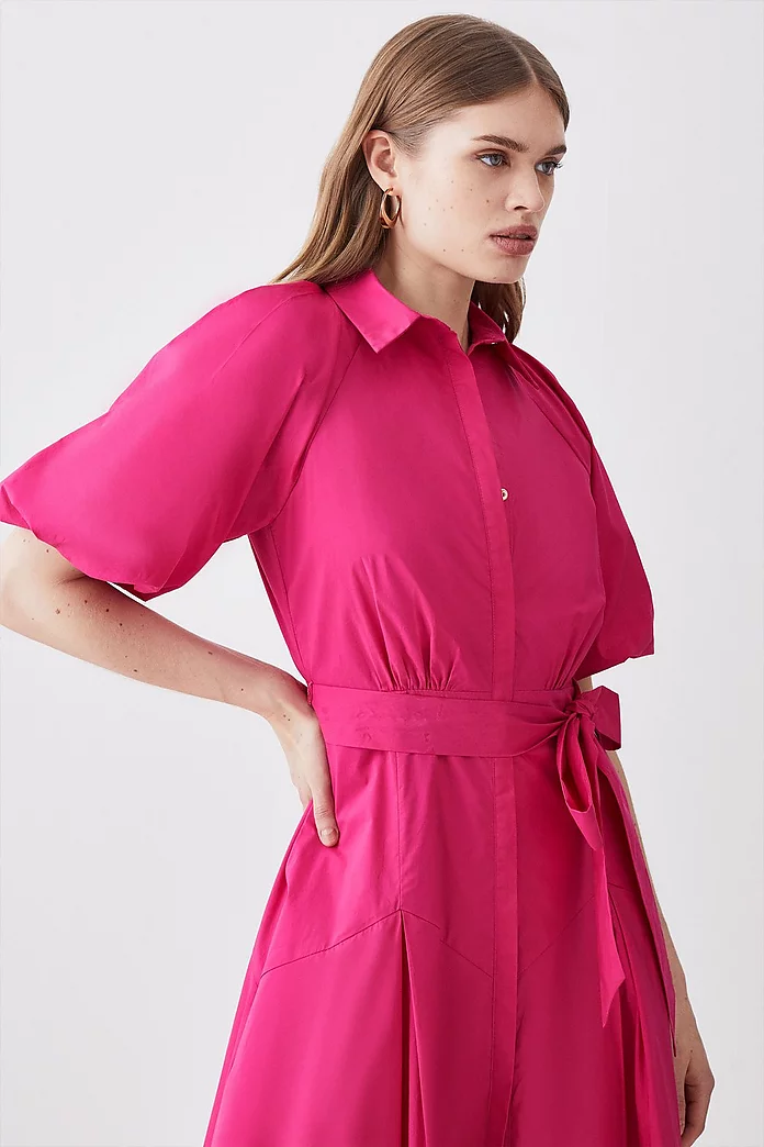 Cotton Poplin Puff Sleeve Woven Shirt Dress With Dropped Cotton Poplin Puff Sleeve Woven Shirt Dress With Dropped