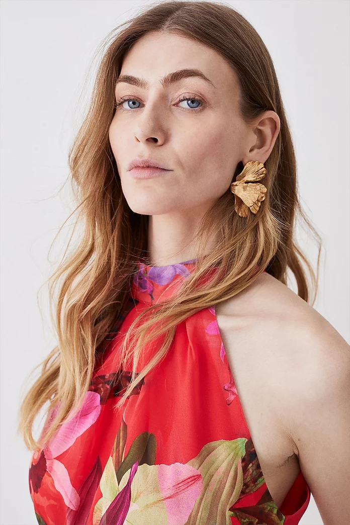 Red Floral Georgette Belted Pleated Mini Dress | Karen Millen Red Floral Georgette Belted Pleated Mini Dress | Karen Millen