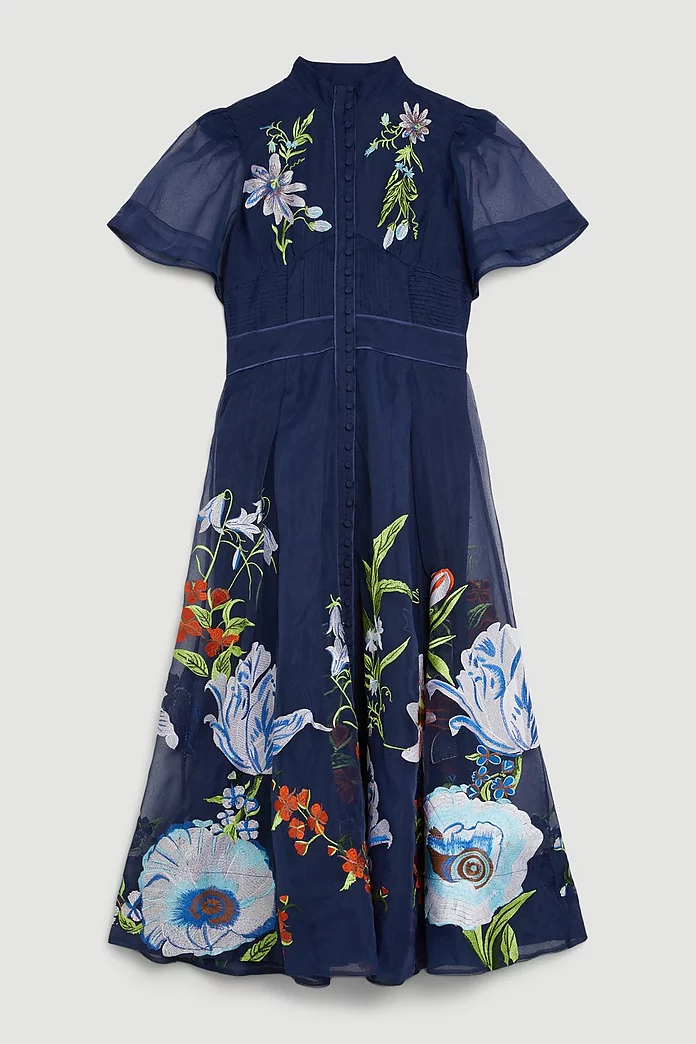 Botanical Embroidery Organdie Angel Sleeve Midi Dress Botanical Embroidery Organdie Angel Sleeve Midi Dress