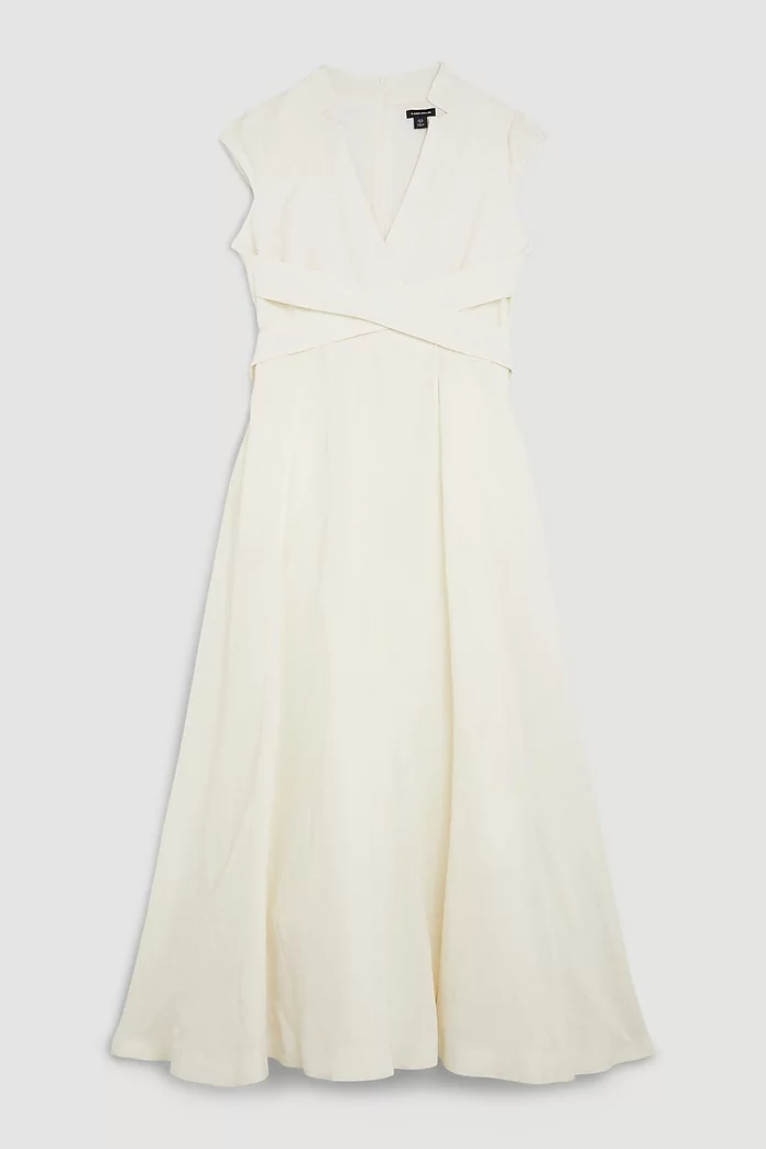 Petite Premium Linen V Neck Wrap Detail Woven Midi Dress Petite Premium Linen V Neck Wrap Detail Woven Midi Dress