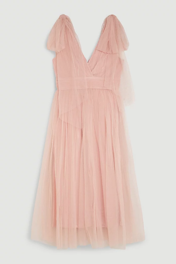Tulle Tie Straps Plunge Woven Midi Dress | Karen Millen Tulle Tie Straps Plunge Woven Midi Dress | Karen Millen