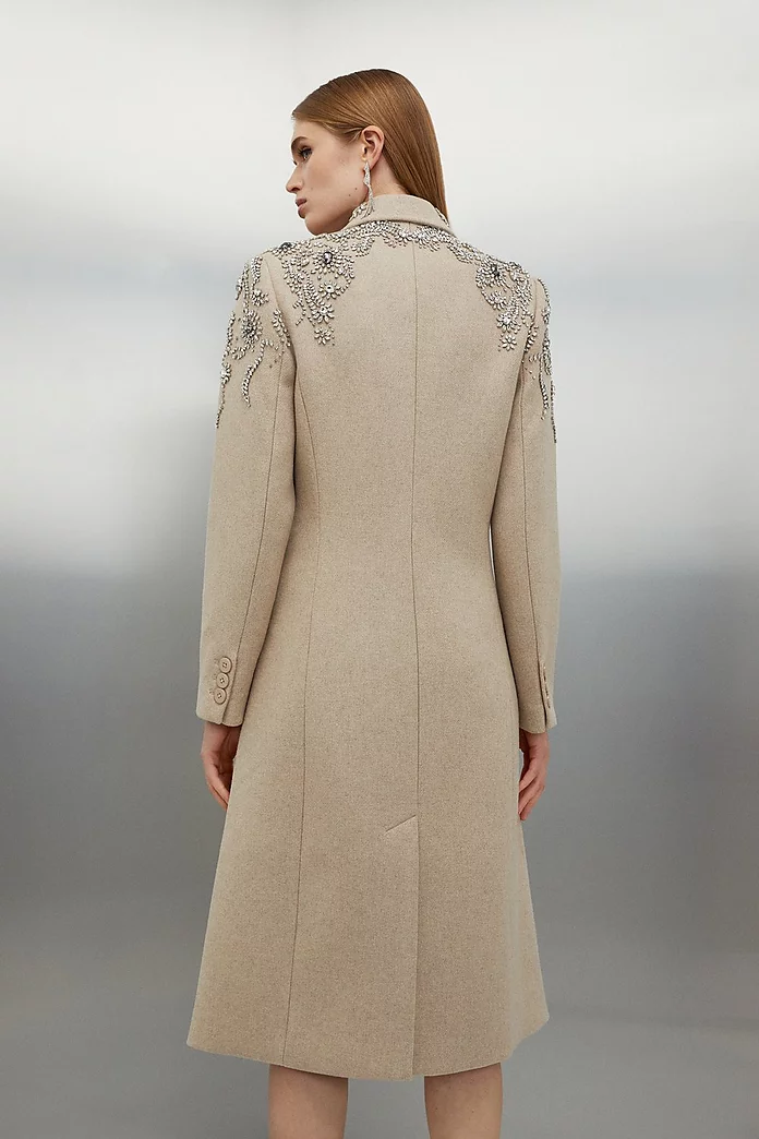 Tailored Wool Blend Embellished Double Breasted Midi Coat Tailored Wool Blend Embellished Double Breasted Midi Coat