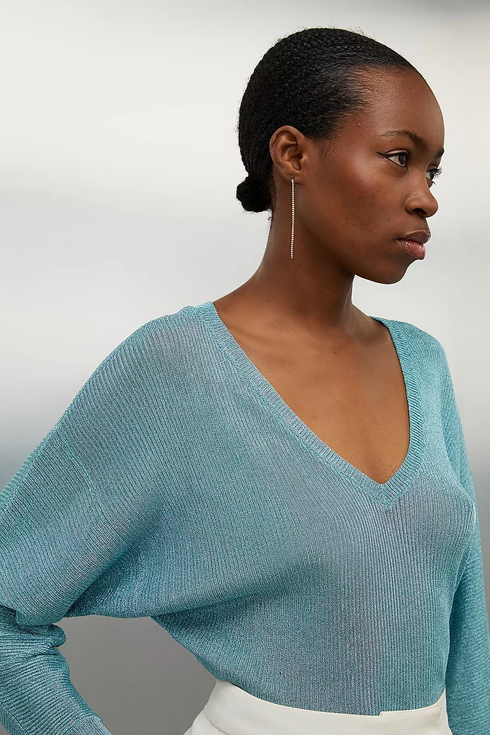 Viscose Blend Metallic Sparkle Knit V Neck Top | Karen Millen Viscose Blend Metallic Sparkle Knit V Neck Top | Karen Millen