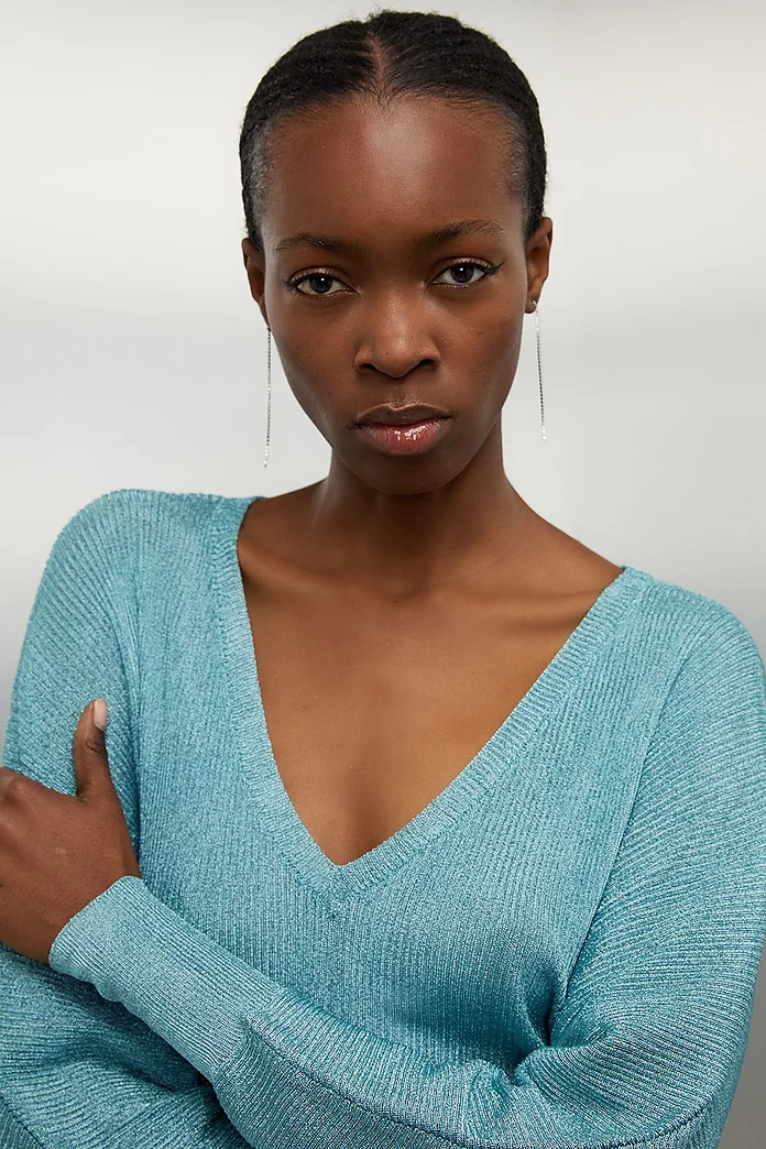 Viscose Blend Metallic Sparkle Knit V Neck Top | Karen Millen Viscose Blend Metallic Sparkle Knit V Neck Top | Karen Millen