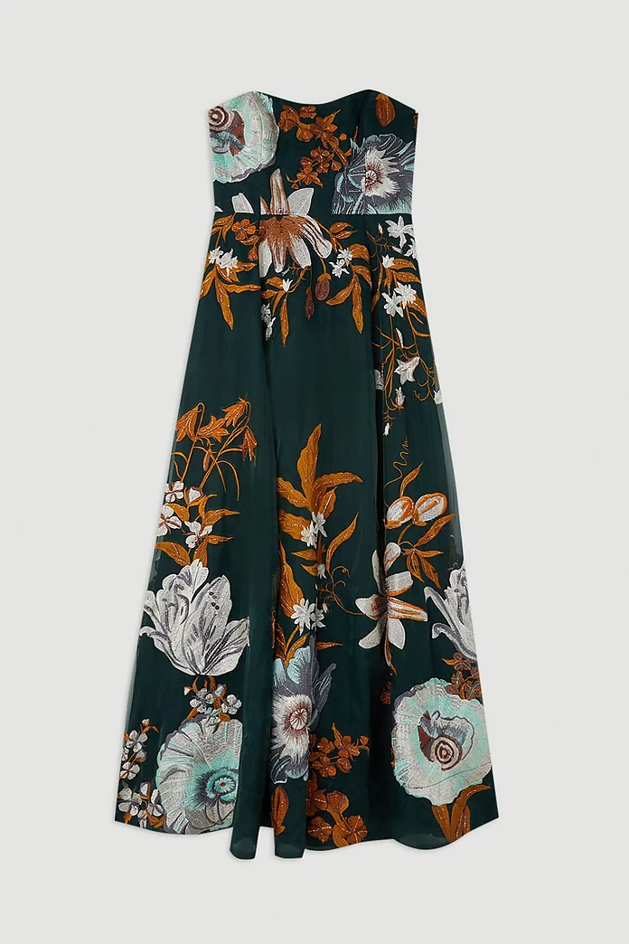 Premium Embroidered Bandeau Beaded Organdie Woven Maxi Dress Premium Embroidered Bandeau Beaded Organdie Woven Maxi Dress