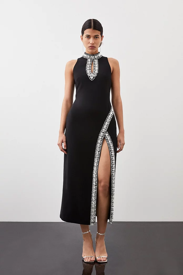 Crystal Embellished Woven Thigh Split Midi Dress | Karen Millen Crystal Embellished Woven Thigh Split Midi Dress | Karen Millen