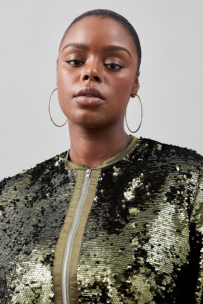 Plus Size Sequin Woven Bomber Jacket | Karen Millen Plus Size Sequin Woven Bomber Jacket | Karen Millen
