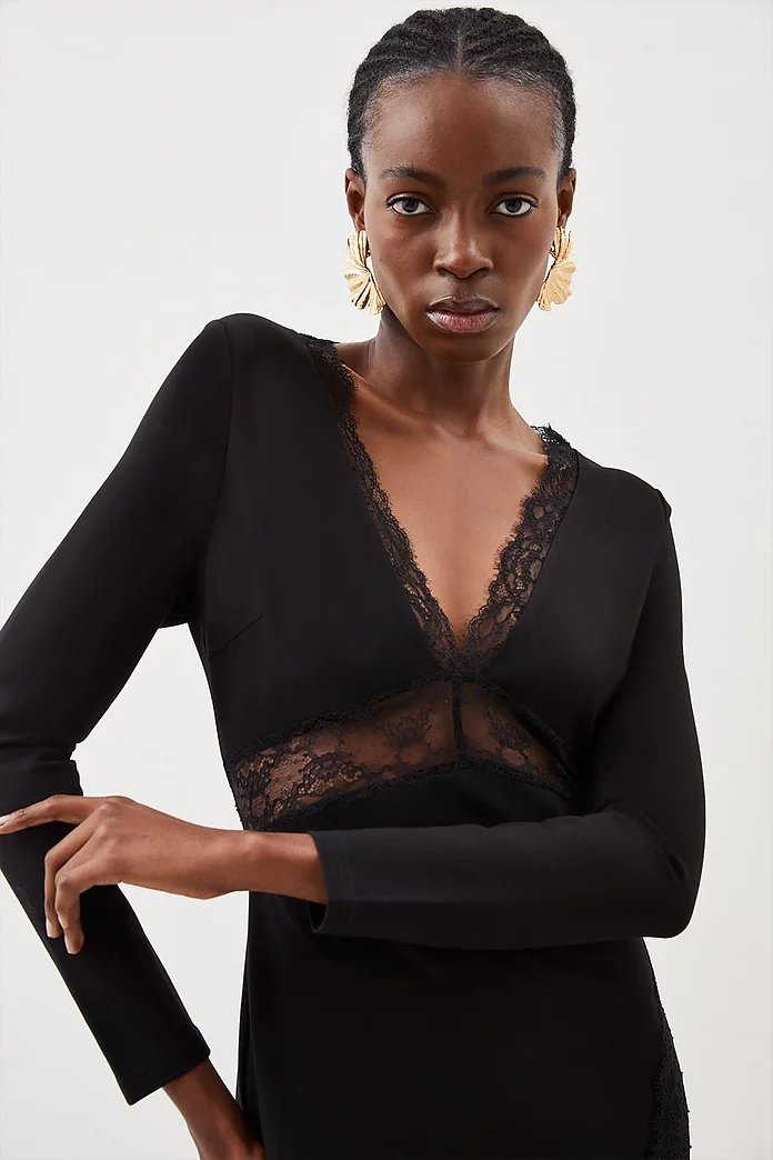 Jersey Lace Thigh Split Midi Dress | Karen Millen Jersey Lace Thigh Split Midi Dress | Karen Millen