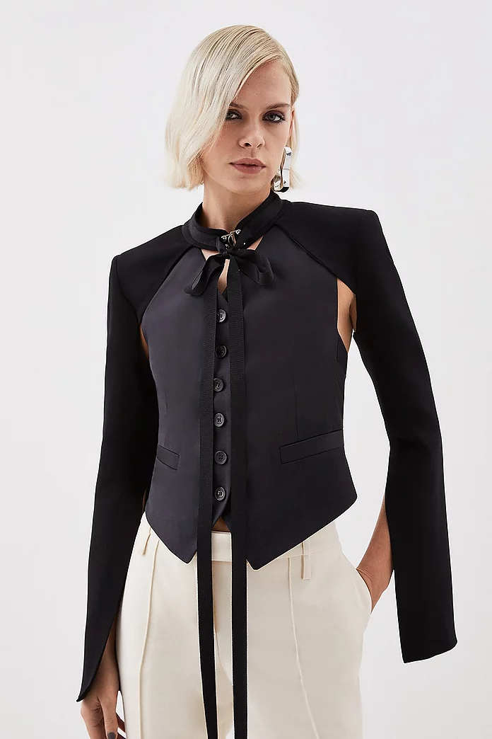 The Founder Compact Stretch Viscose Neck Tie Tailored Bolero The Founder Compact Stretch Viscose Neck Tie Tailored Bolero