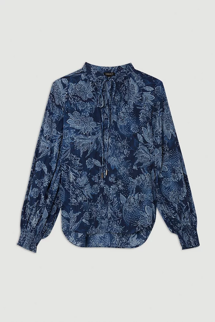 Top Stitch Floral Crinkle Cotton Woven Blouse | Karen Millen Top Stitch Floral Crinkle Cotton Woven Blouse | Karen Millen