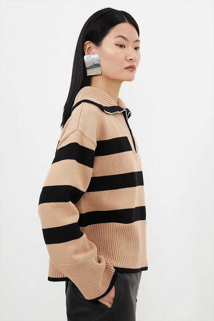 Cotton Zip Collar Knit Stripe Jumper | Karen Millen Cotton Zip Collar Knit Stripe Jumper | Karen Millen