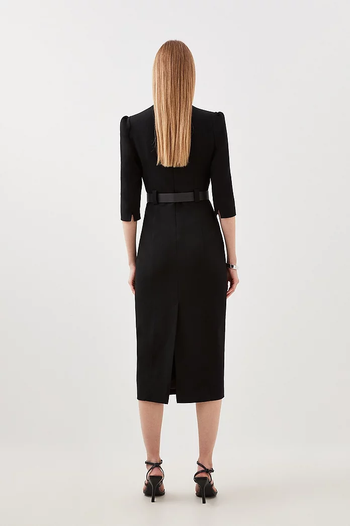 Structured Crepe Forever Belted Midi Pencil Dress | Karen Millen Structured Crepe Forever Belted Midi Pencil Dress | Karen Millen