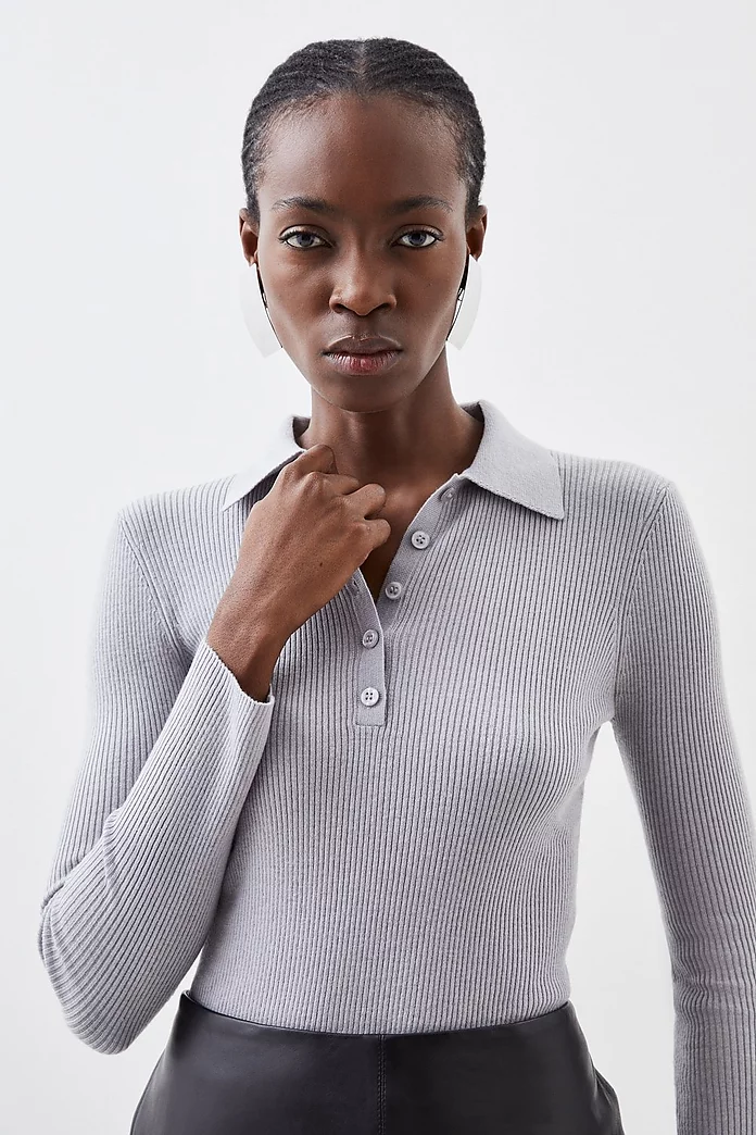 Wool Blend Knit Polo Top | Karen Millen Wool Blend Knit Polo Top | Karen Millen