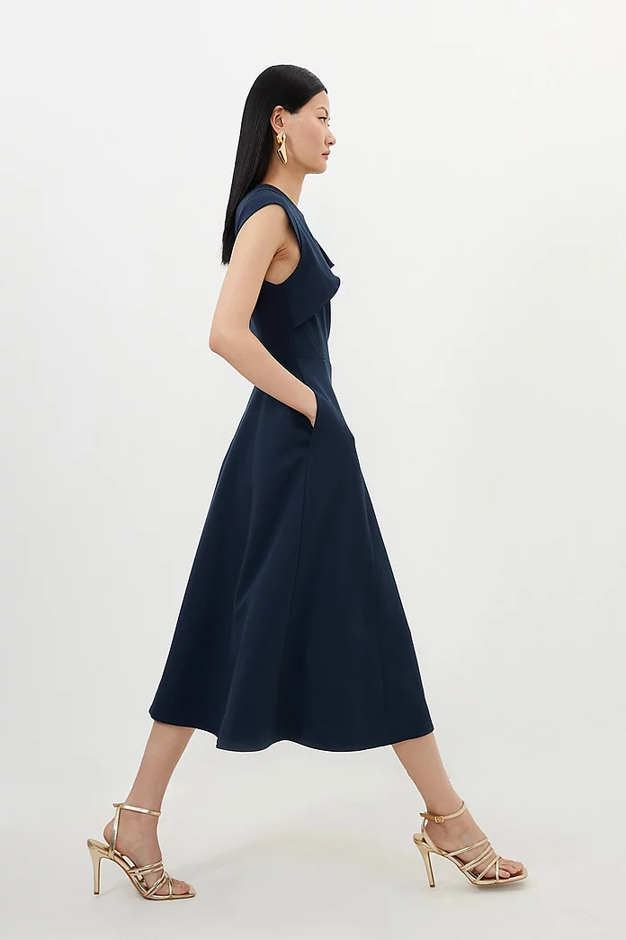 Tailored Crepe Drape Shoulder Full Skirt Midi Dress | Karen Tailored Crepe Drape Shoulder Full Skirt Midi Dress | Karen