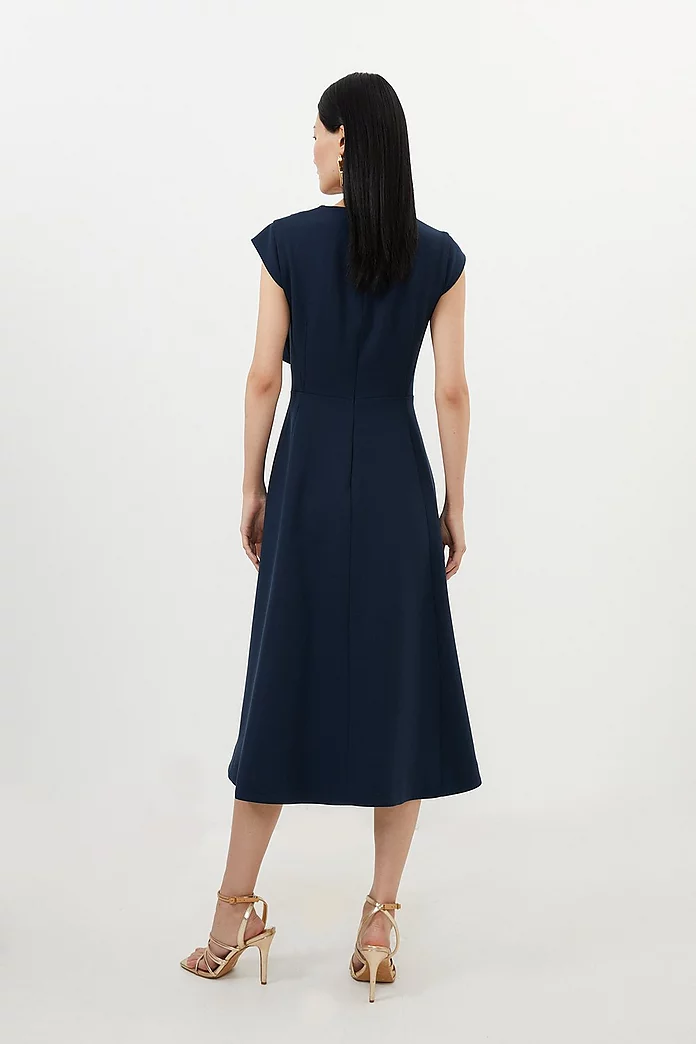 Tailored Crepe Drape Shoulder Full Skirt Midi Dress | Karen Tailored Crepe Drape Shoulder Full Skirt Midi Dress | Karen