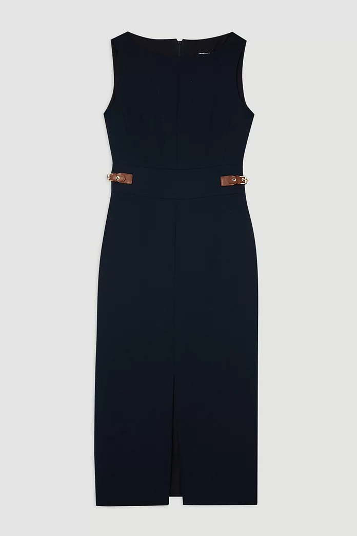 Compact Stretch Tailored Pu Tab Detail Midi Dress | Karen Millen Compact Stretch Tailored Pu Tab Detail Midi Dress | Karen Millen