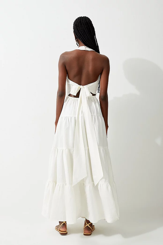 Petite Viscose Linen Woven Tiered Halter Maxi Dress | Karen Petite Viscose Linen Woven Tiered Halter Maxi Dress | Karen