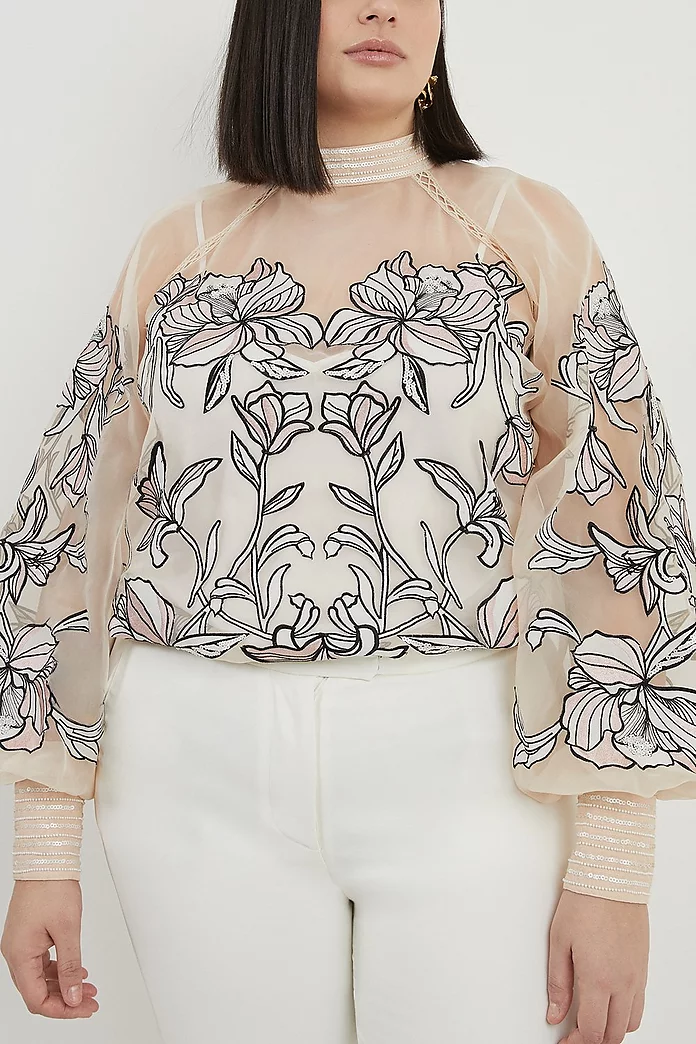 Plus Size Floral Embroidery Organdie Woven Blouse | Karen Millen Plus Size Floral Embroidery Organdie Woven Blouse | Karen Millen