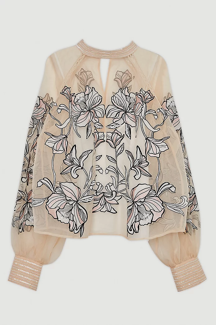 Plus Size Floral Embroidery Organdie Woven Blouse | Karen Millen Plus Size Floral Embroidery Organdie Woven Blouse | Karen Millen