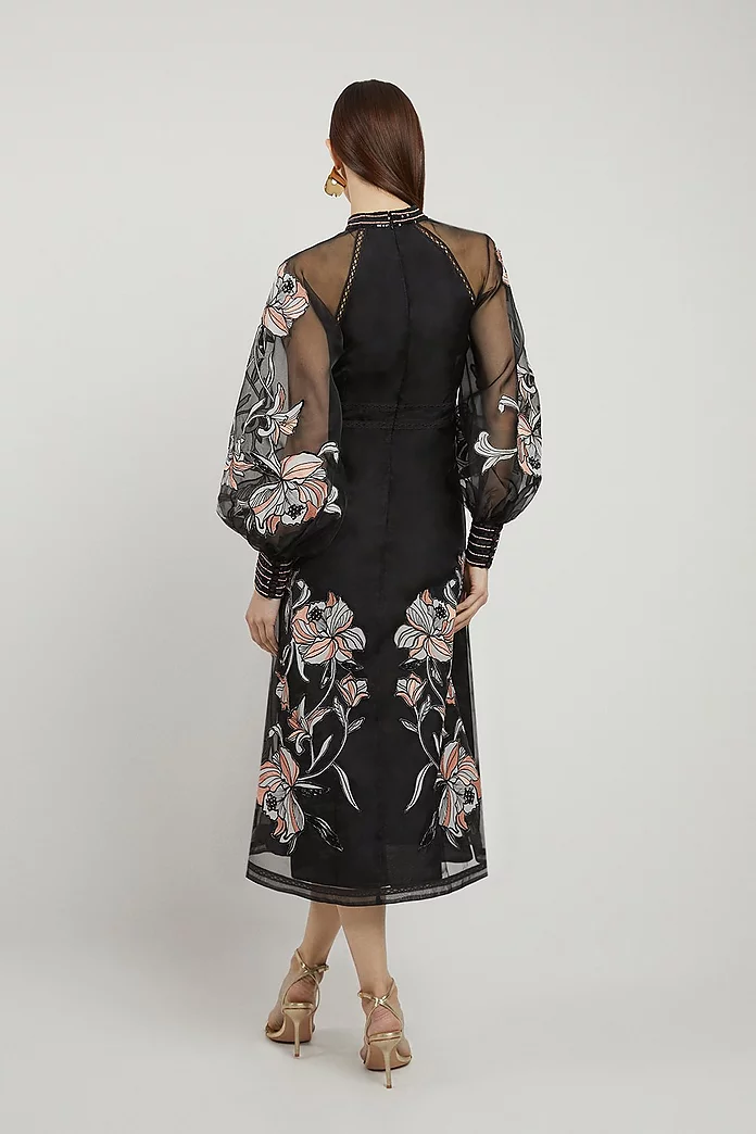 Tall Floral Embroidery Organdie Woven Midi Dress | Karen Millen Tall Floral Embroidery Organdie Woven Midi Dress | Karen Millen