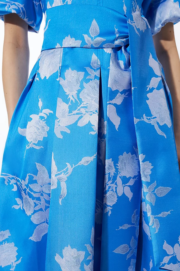 Jacquard Puff Sleeve Belted Woven Dress | Karen Millen Jacquard Puff Sleeve Belted Woven Dress | Karen Millen
