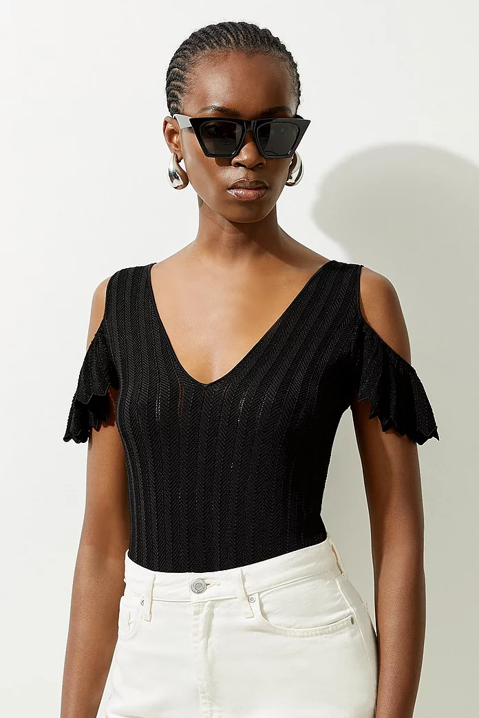 Rib Detail Ruffle Sleeve Knit Top | Karen Millen Rib Detail Ruffle Sleeve Knit Top | Karen Millen
