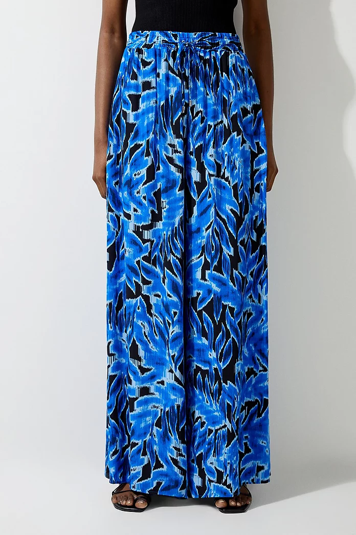 Blue Leaf Printed Woven Viscose Wide Leg Pants | Karen Millen Blue Leaf Printed Woven Viscose Wide Leg Pants | Karen Millen
