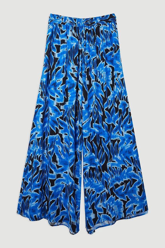 Blue Leaf Printed Woven Viscose Wide Leg Pants | Karen Millen Blue Leaf Printed Woven Viscose Wide Leg Pants | Karen Millen
