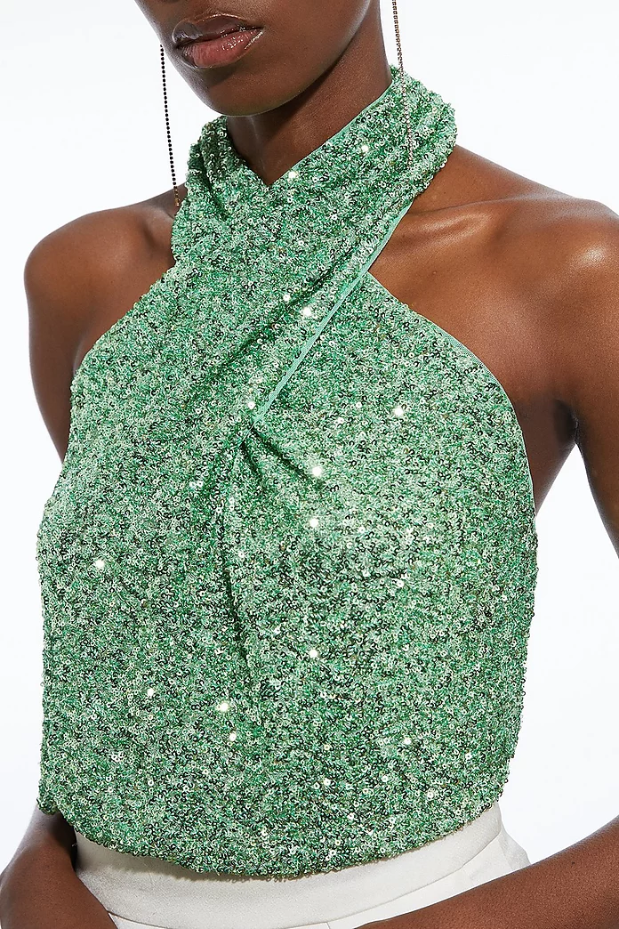 Cross Neck Jersey Stretch Sequin Bodysuit | Karen Millen Cross Neck Jersey Stretch Sequin Bodysuit | Karen Millen