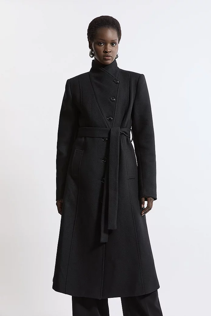Tall Italian Manteco Wool Blend Asymmetric Button Belted Tall Italian Manteco Wool Blend Asymmetric Button Belted