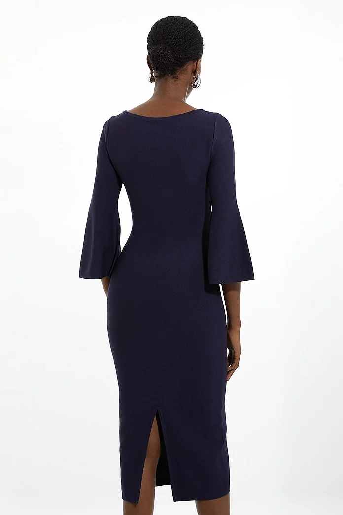 Petite Viscose Blend Look Knit Midi Dress With Fluted Sleeve Petite Viscose Blend Look Knit Midi Dress With Fluted Sleeve