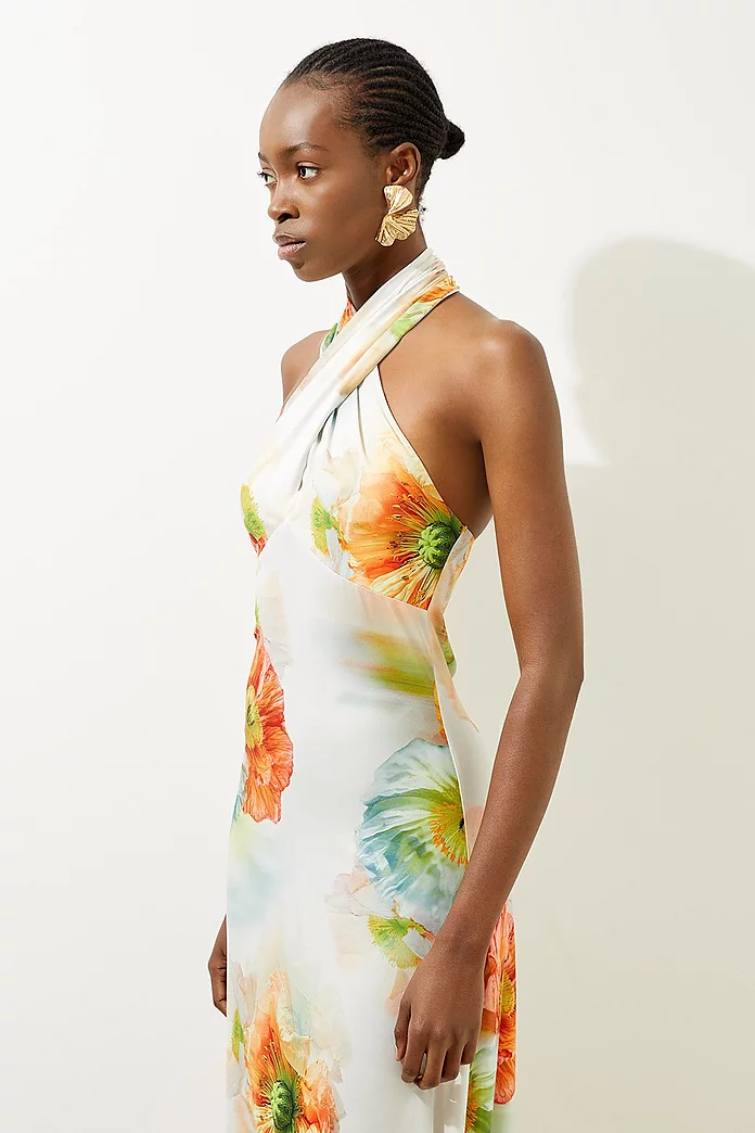 Abstract Floral Printed Jersey Crepe Twist Neckline Maxi Abstract Floral Printed Jersey Crepe Twist Neckline Maxi