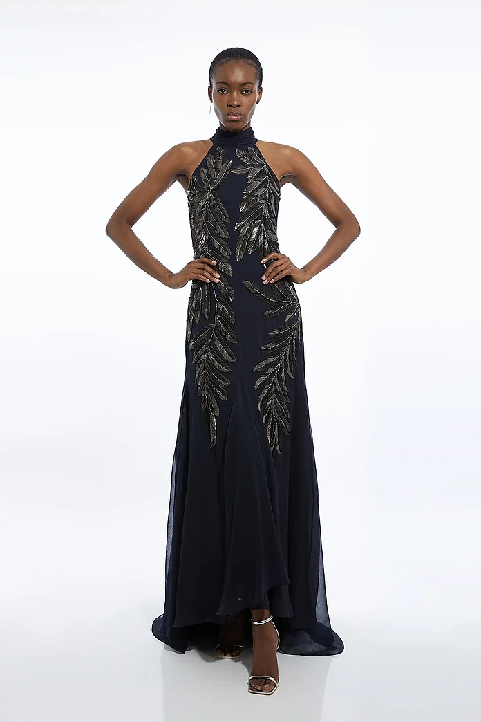 Halter Neck Feather Sequin Detail Woven Maxi Dress | Karen Halter Neck Feather Sequin Detail Woven Maxi Dress | Karen