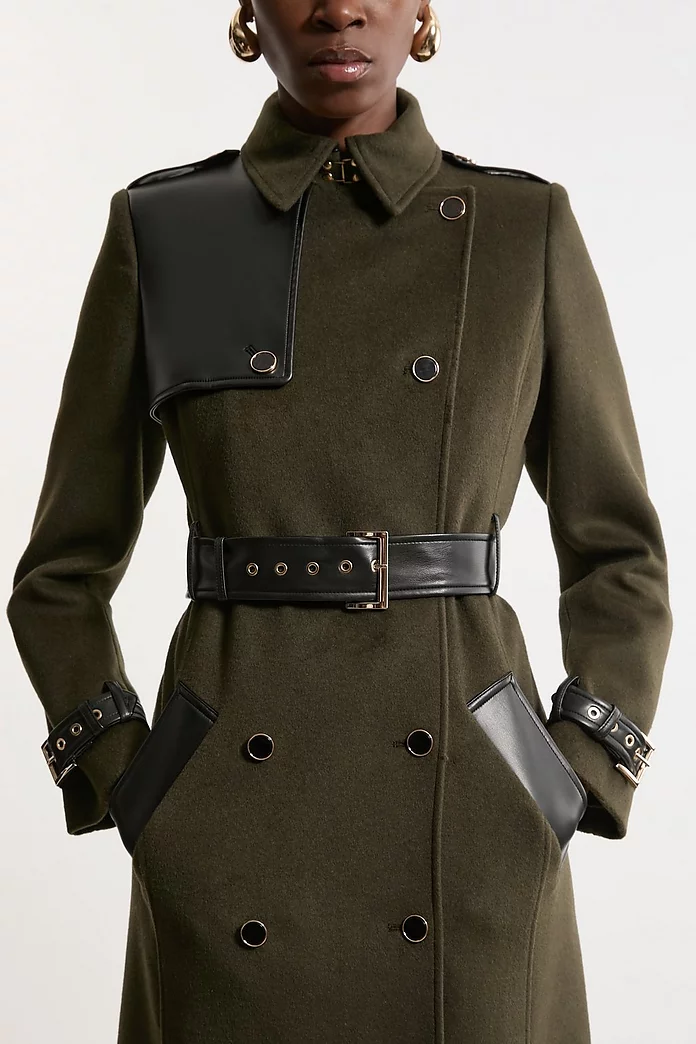 Wool Blend Pu Trim Belted Tailored Midi Coat | Karen Millen Wool Blend Pu Trim Belted Tailored Midi Coat | Karen Millen