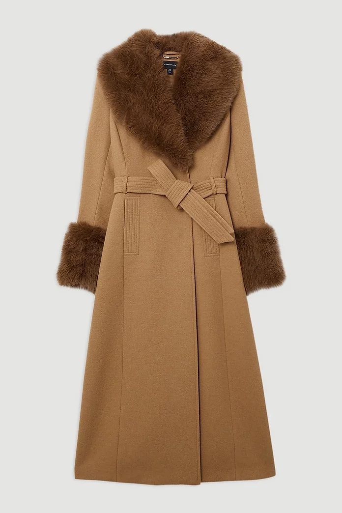 Tall Wool Blend Detachable Faux Fur Belted Midi Coat | Karen Tall Wool Blend Detachable Faux Fur Belted Midi Coat | Karen