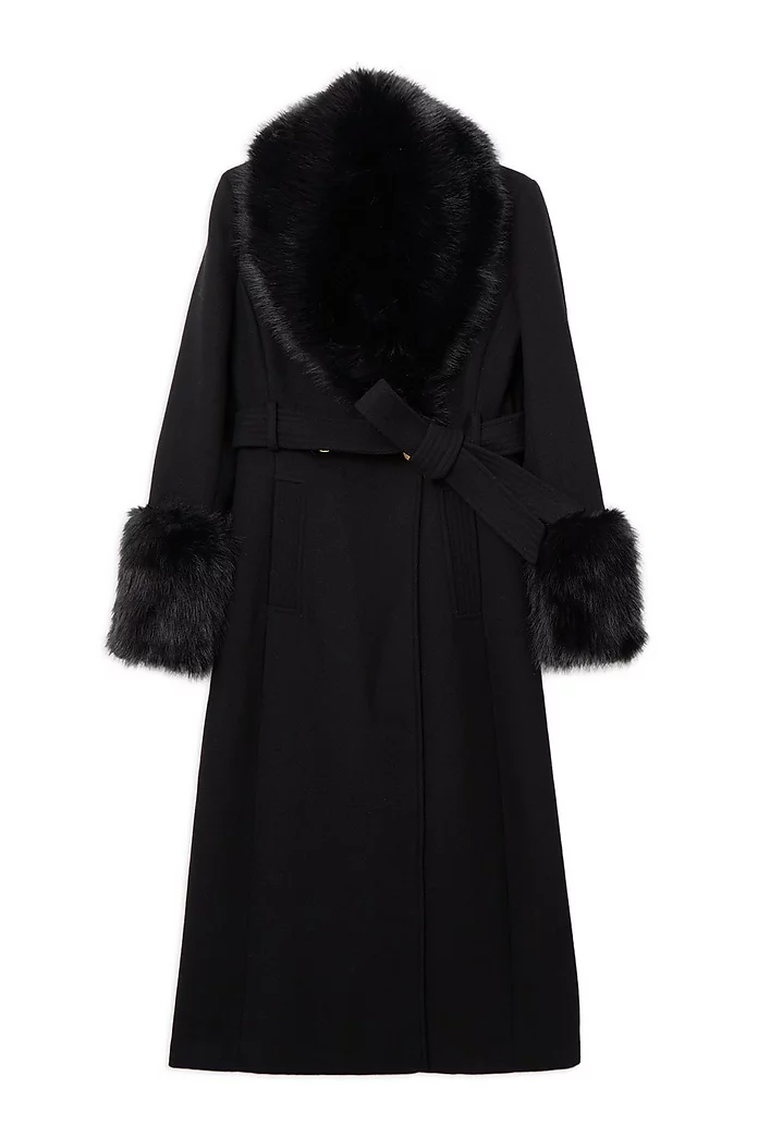 Petite Wool Blend Detachable Faux Fur Belted Coat | Karen Millen Petite Wool Blend Detachable Faux Fur Belted Coat | Karen Millen