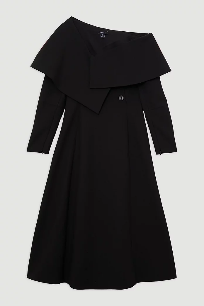 Compact Stretch Asymmetric Collar Long Sleeve Midi Dress Compact Stretch Asymmetric Collar Long Sleeve Midi Dress