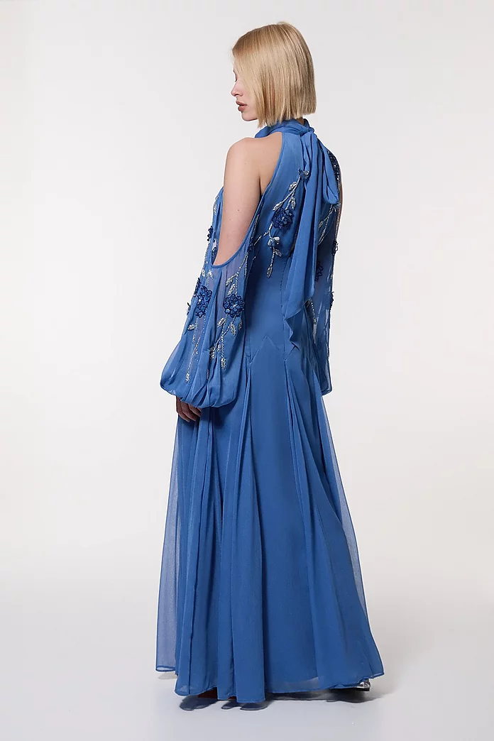 Cold Shoulder 3D Floral Applique Woven Maxi Dress | Karen Millen Cold Shoulder 3D Floral Applique Woven Maxi Dress | Karen Millen